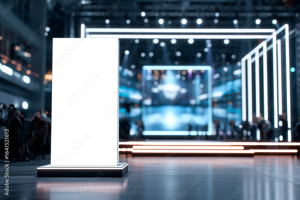 Vertical illuminated white billboard mockup on contemporary event stage ...