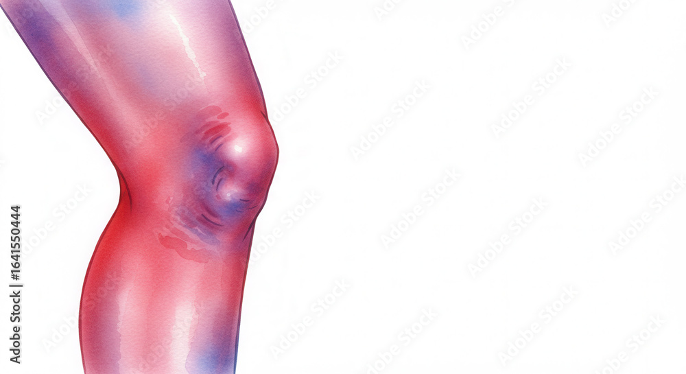 Abstract representation of a human knee joint in red and blue. bruised ...