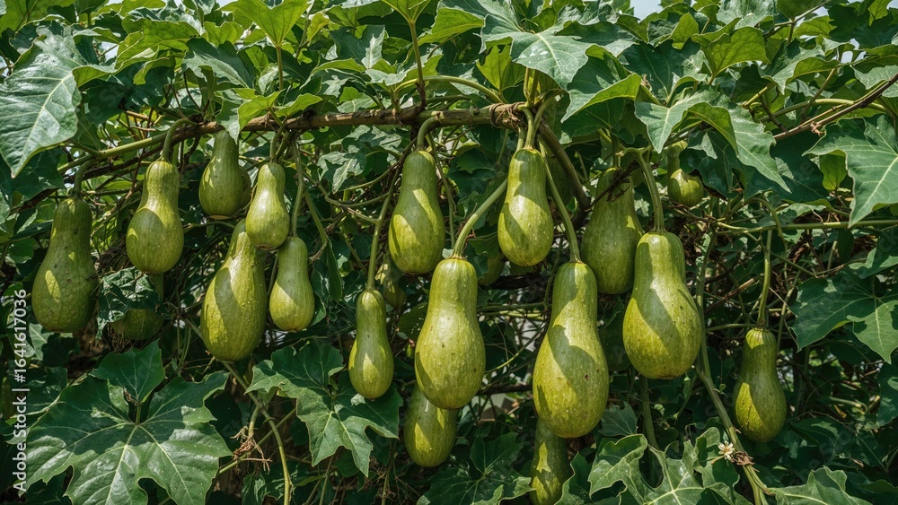 Newly harvested bottle gourd fruits, commonly referred to as opo squash ...
