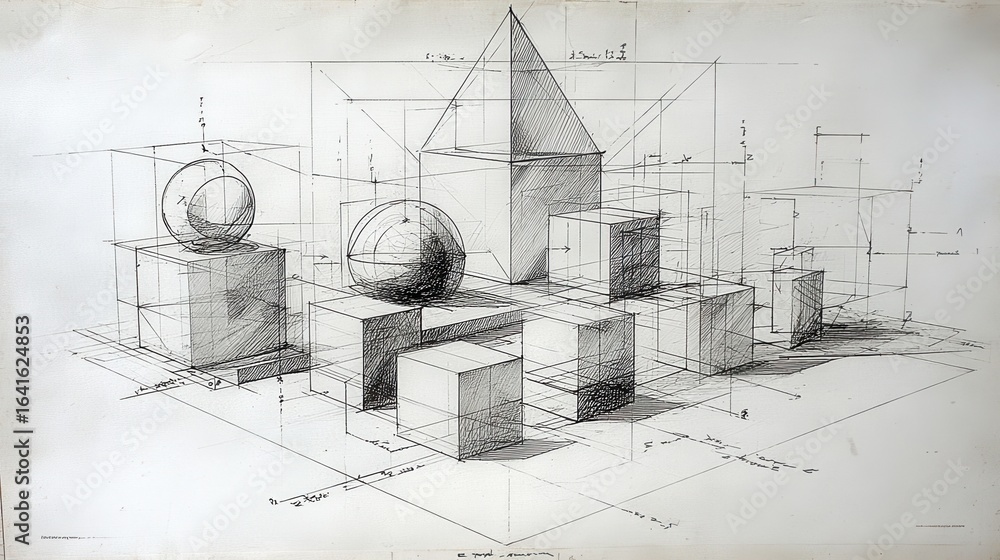 Technical drawing showcasing geometric shapescubes, spheres ...