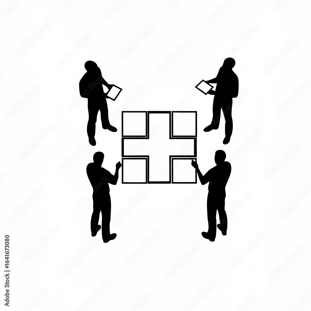 Overhead perspective of startup founders and design team collaborating ...