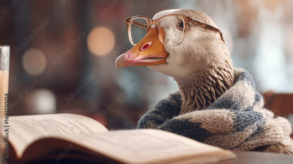 Anthropomorphic goose dressed in knitwear and glasses poses like a ...