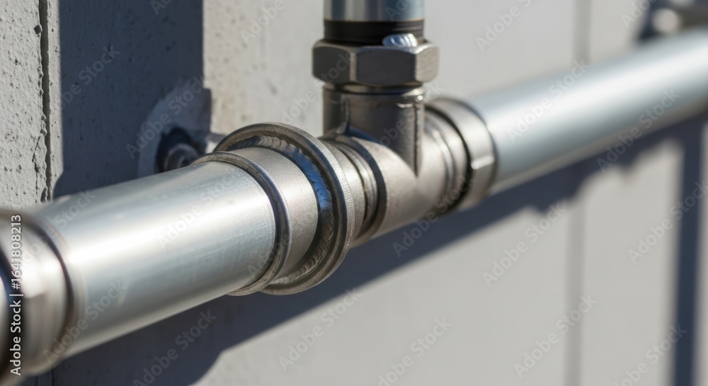 Metallic pipe system on wall provides essential plumbing, allowing ...