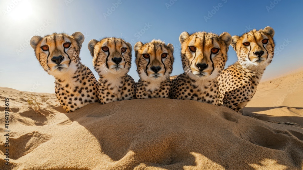 Five cheetahs peek from sand dune, desert background, wildlife ...