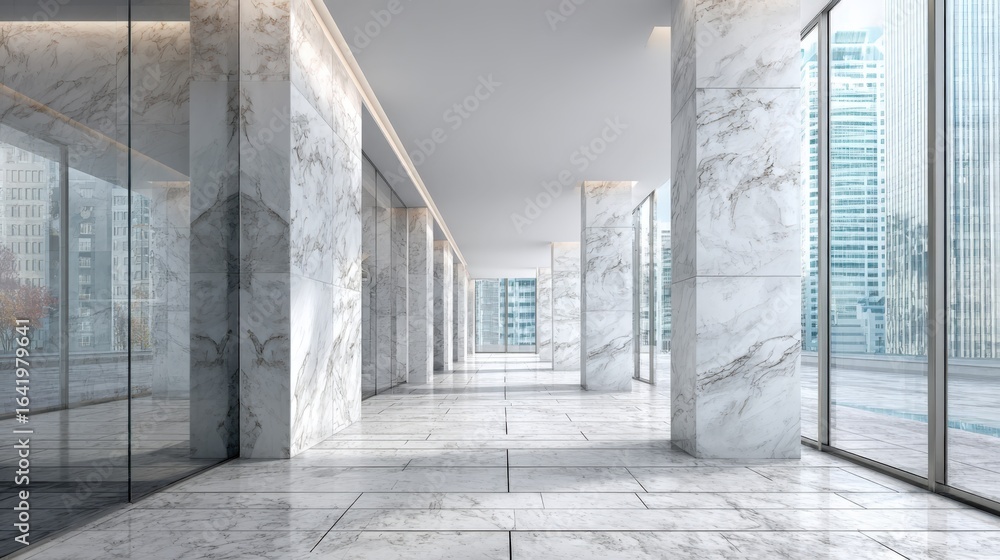 Elegant Modern Office Lobby with Marble Pillars and City View ...