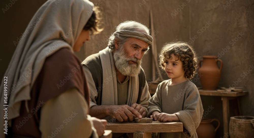 Saint Joseph teaching carpentry to young Jesus Christ in biblical times ...