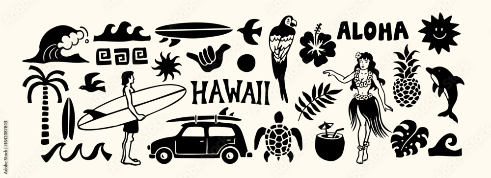 Hawaiian-themed vector graphic set featuring surfer, waves, tropical ...