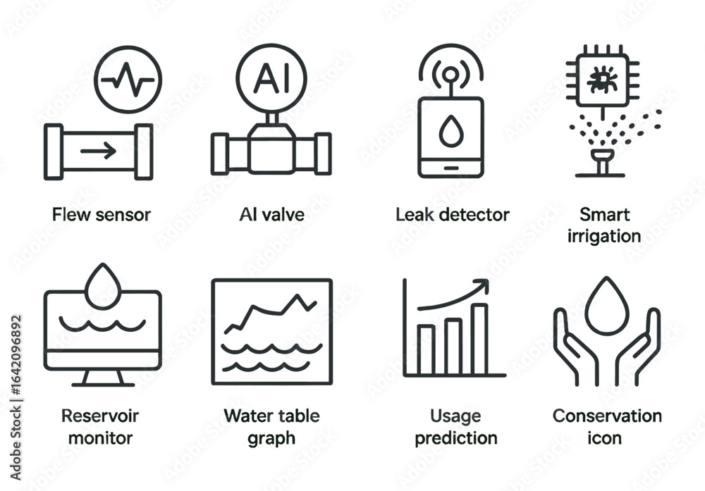 AI Water Conservation Icons. Outline vector icons of AI in water ...