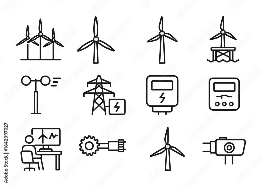 Vector de Stock Wind Energy Icons. Outline vector icons of wind energy ...