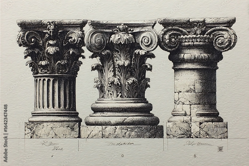 Ancient Greek column architecture hand drawn high resolution picture ...