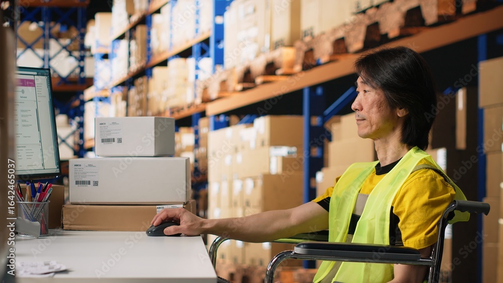 Foto de Stock Asian man wheelchair user typing tracking numbers on a ...