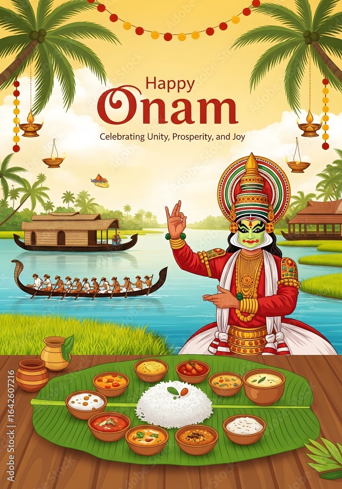 Vibrant onam celebration with traditional kathakali dancer snake boats ...