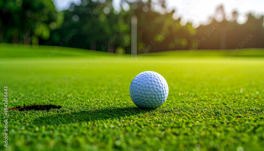 Golf ball near the flagstick hole, golden hour light illuminating the ...