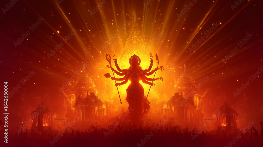 Durga Puja Celebration, depiction of Durga with ten arms holding divine ...