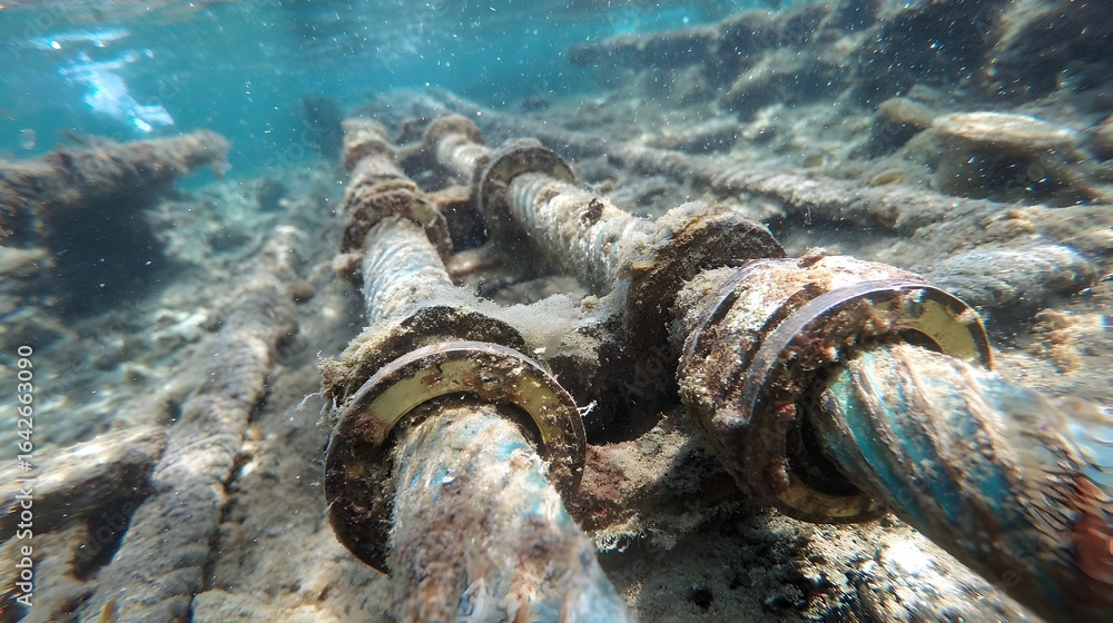 Underwater Close Up of Metallic Cables with Corrosion and Marine Growth ...