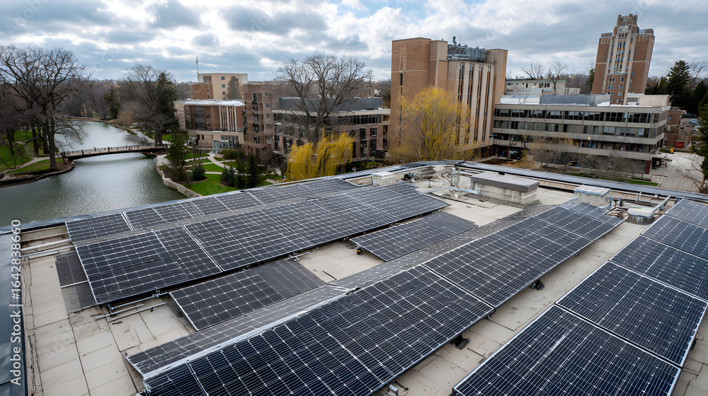 Solar panels on rooftop of a campus building. Stock Photo | Adobe Stock