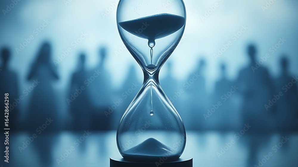 An hourglass with liquid time dripping away, surrounded by faint ...