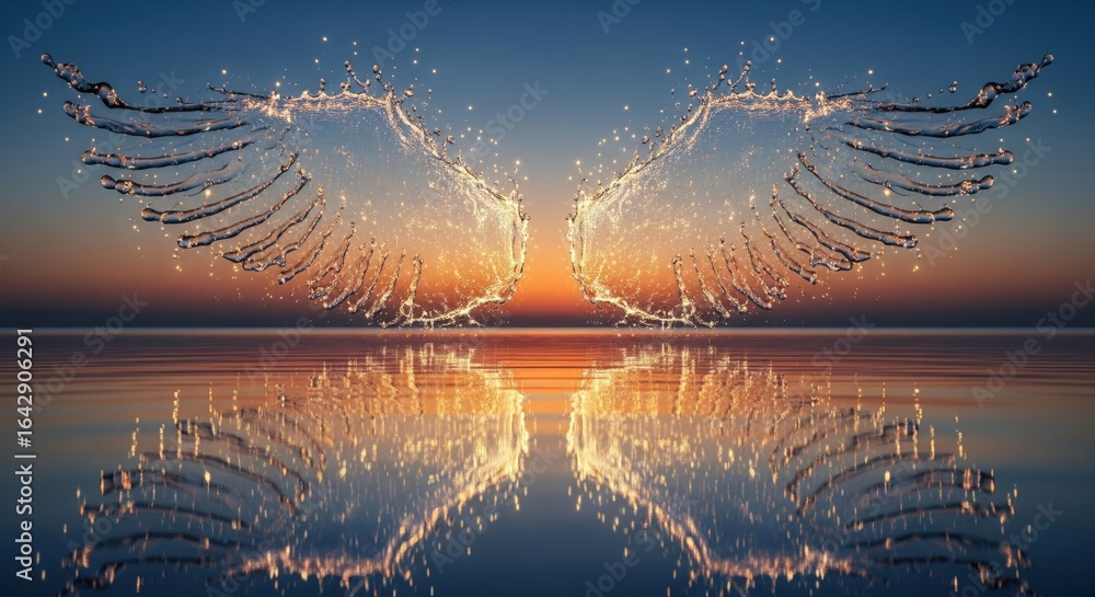 Angel wings made of water splashing over the ocean at sunset Stock ...