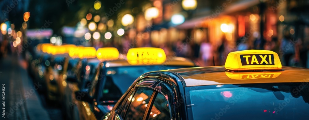 The vibrant scene of yellow taxis lining a bustling city street at ...