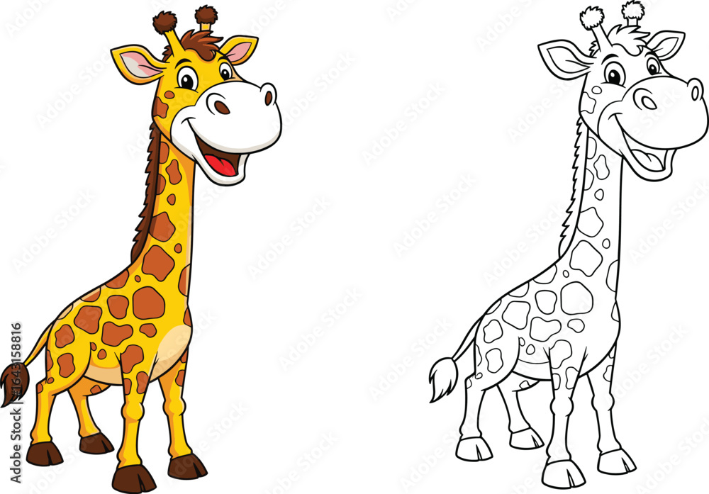 Cute giraffe cartoon with coloring page, wildlife animal illustration ...