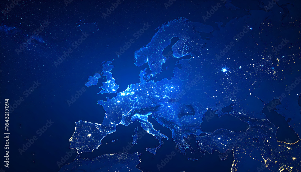 Illuminated Map of Europe at Night with Glowing Cities and Starry ...