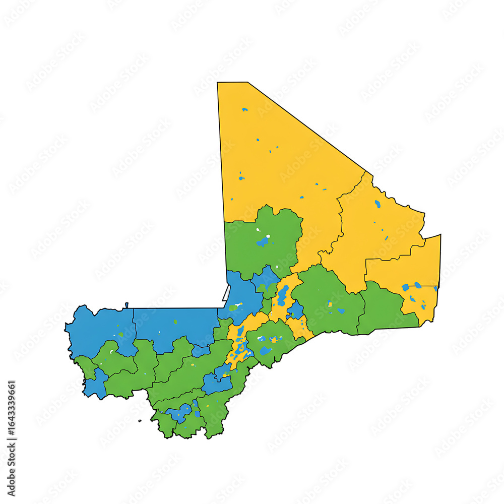 Political map of Mali showing region boundaries and colors Stock ...