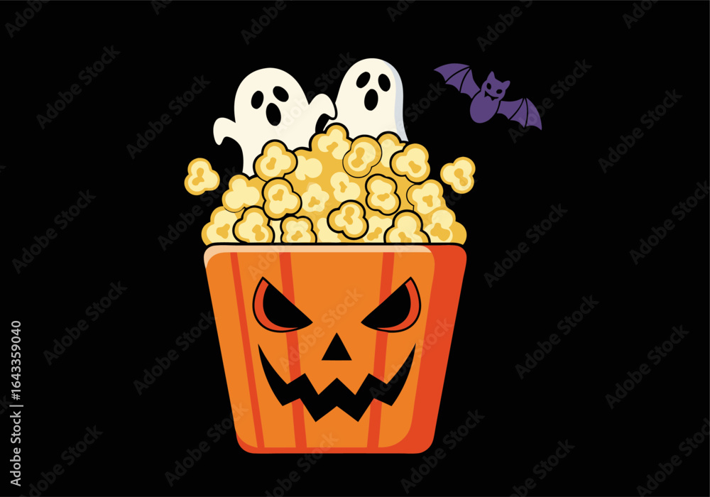 A spooky jack-o'-lantern popcorn bucket with ghosts and a bat for ...