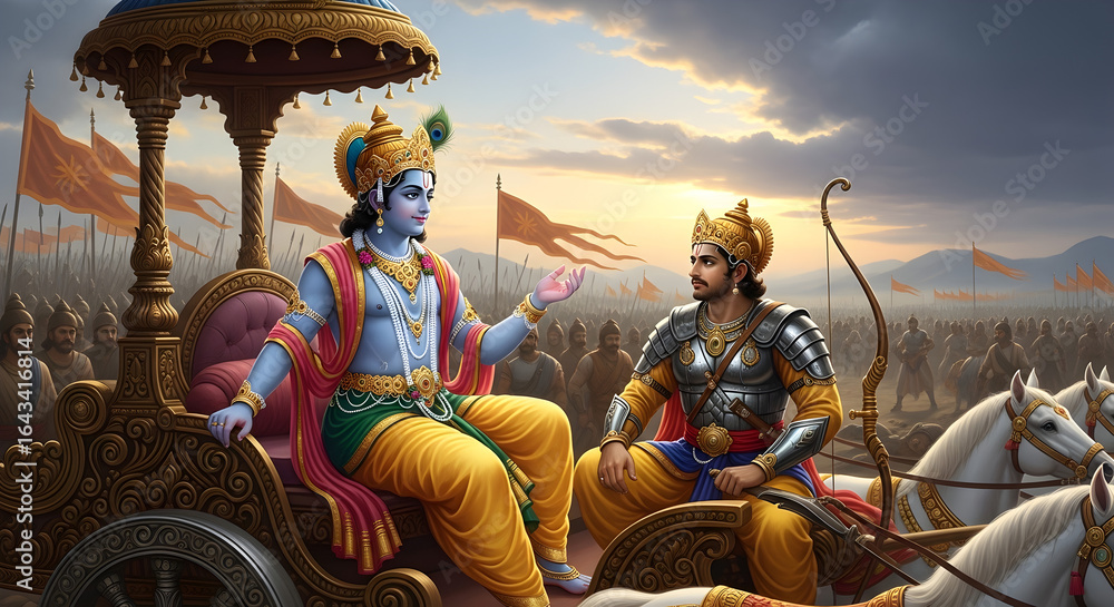 Krishna and Arjuna on Battlefield: Bhagavad Gita Scene Stock ...