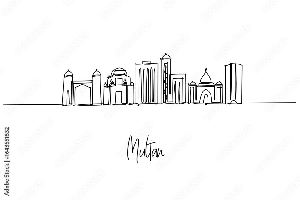Elegant one line drawing of Multan city skyline in Pakistan, featuring ...