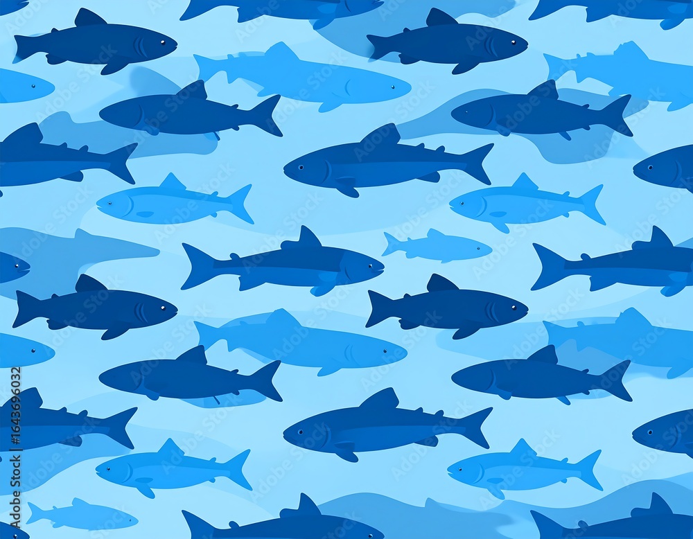 A repeating pattern of blue fish swimming in a light blue watery ...