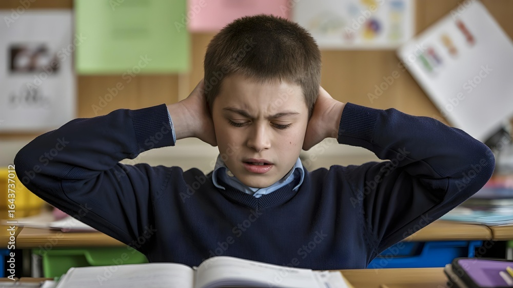 Autistic child boy in classroom covering ears to block sound showing ...