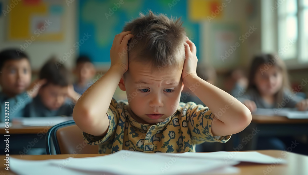 Autistic child boy in classroom covering ears to block sound showing ...