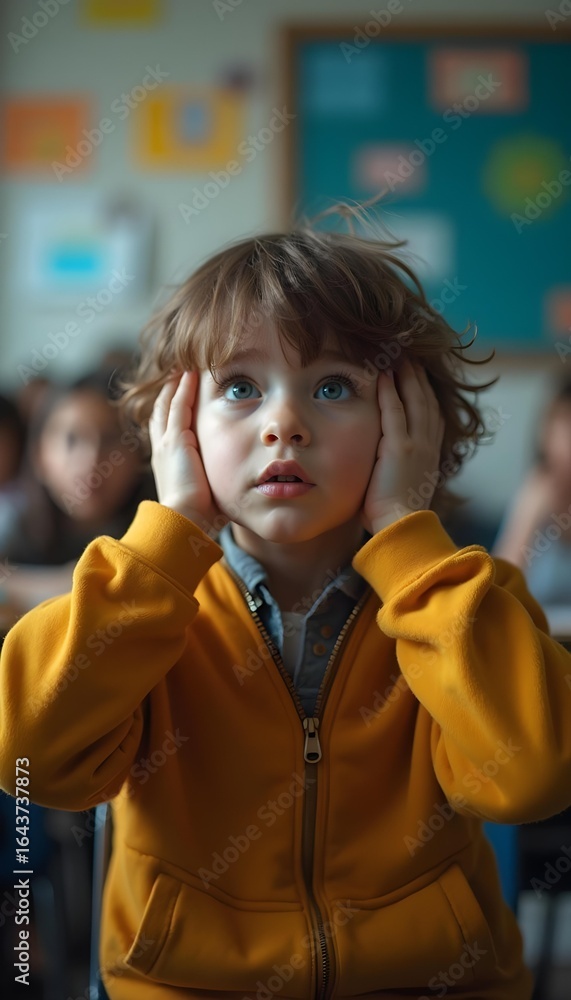 Autistic child boy in classroom covering ears to block sound showing ...