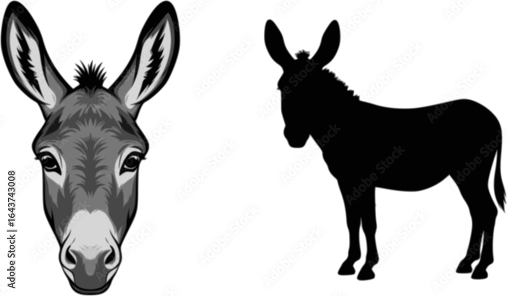 Illustration showing a donkey face and a donkey silhouette in black and ...