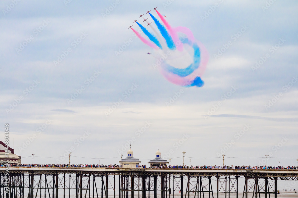 Blackpool, England - 10th August 2025: The Red Arrows performing an ...