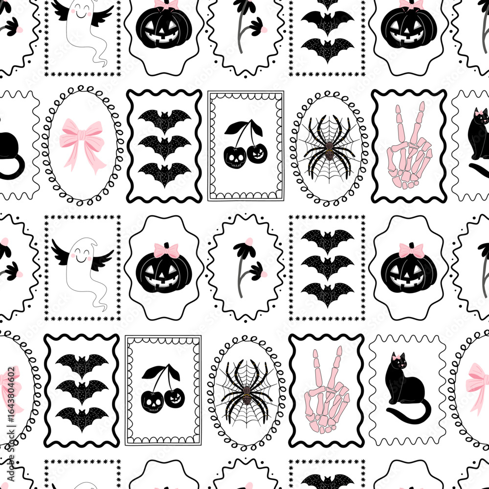 Coquette Halloween cameo frame seamless pattern. Black Pink Cute Spooky ...
