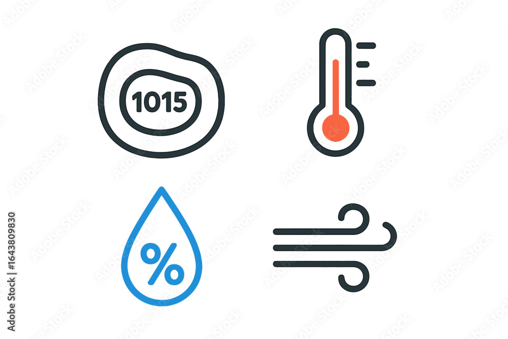 Weather symbols indicating temperature, humidity, pressure, and wind ...