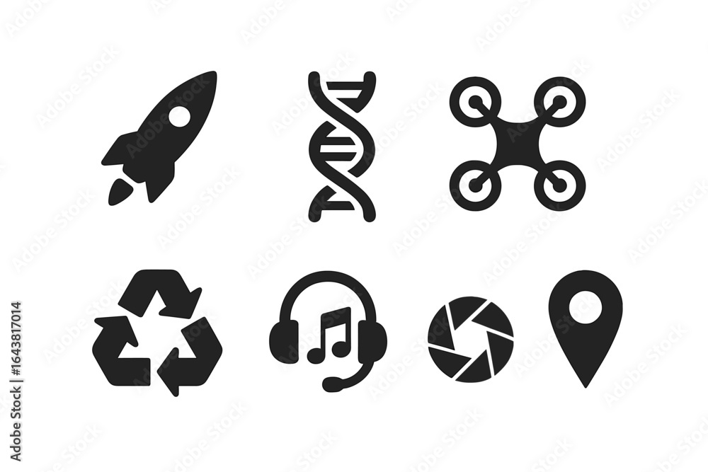 Variety of modern symbols representing technology, science, and ...