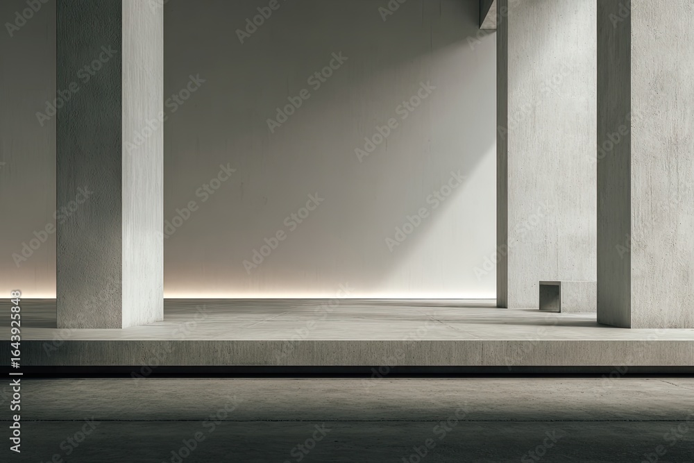 Minimalist concrete interior with subtle lighting, featuring large ...