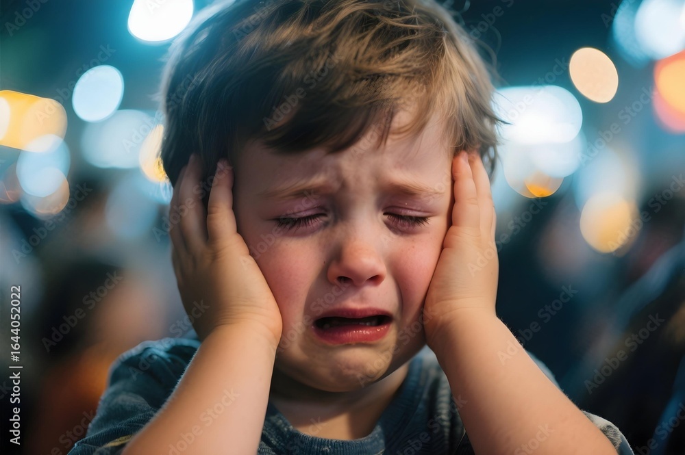 Realistic autistic child boy closing eyes holding ears blurred abstract ...