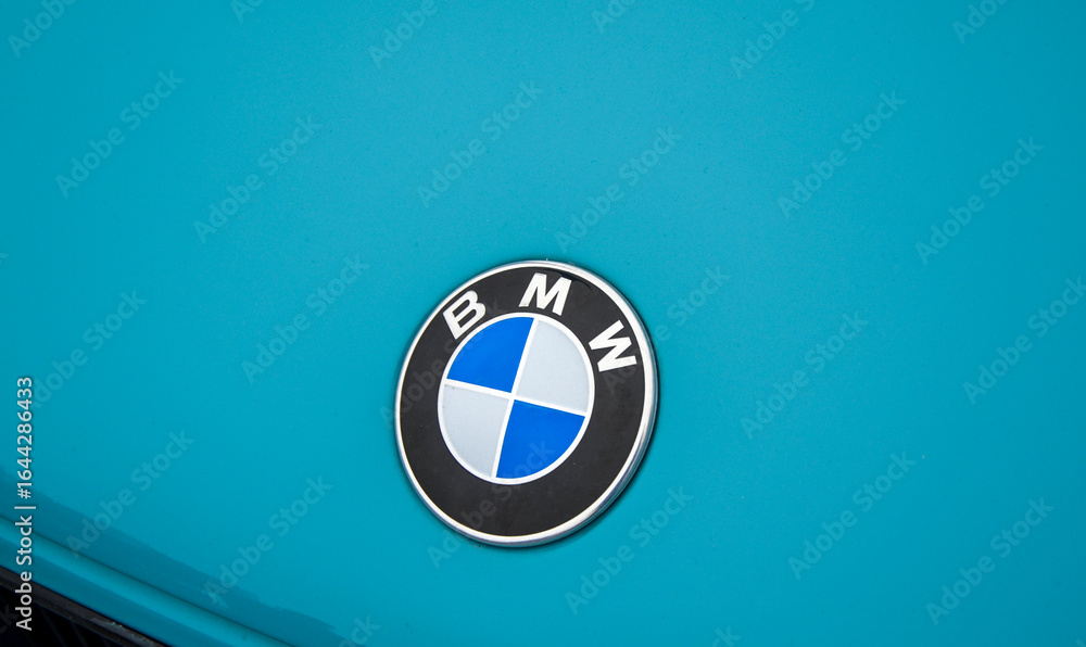 Close-up shot of the iconic BMW logo, a black circle with a blue and ...