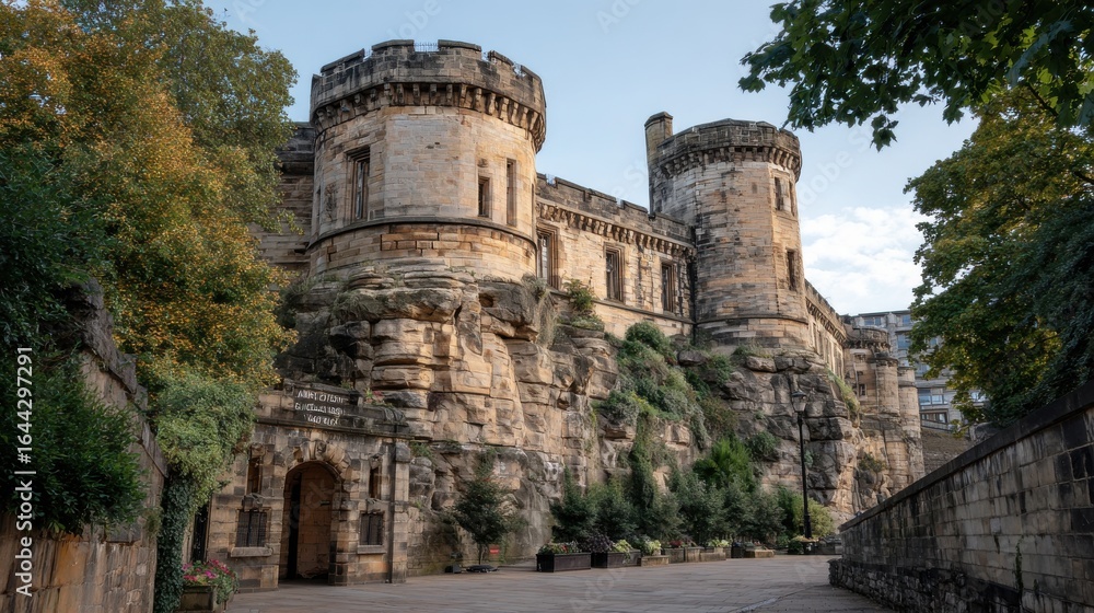 The exterior of Nottingham Castle, with its tall stone walls and towers ...