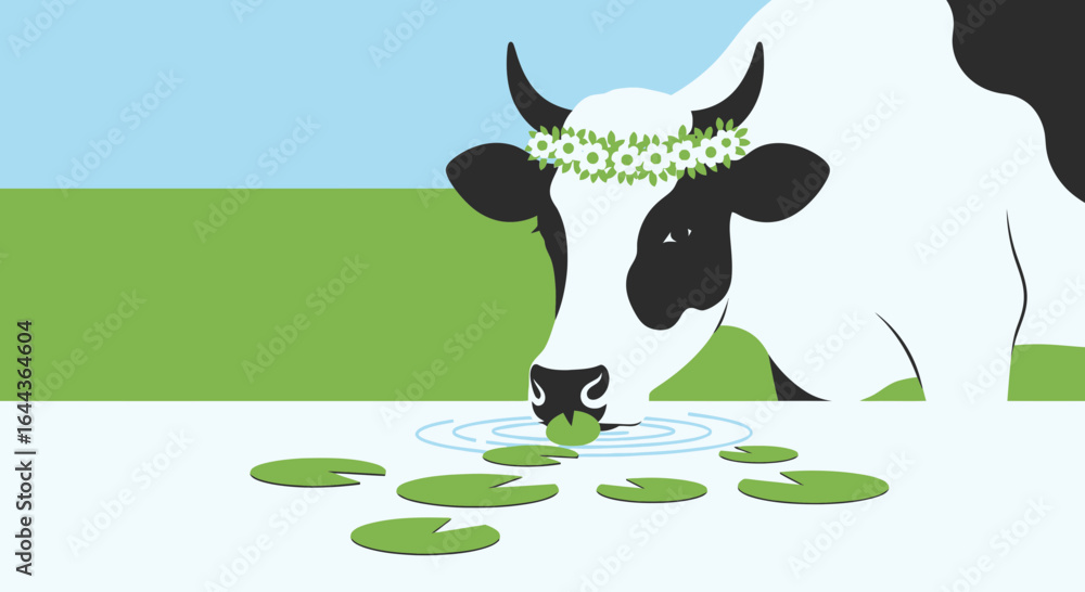 Cute vector illustration of a cow drinking water in a pond with lily ...