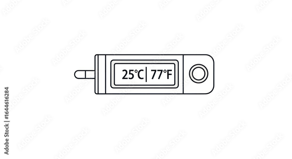 A simple line art illustration of a digital thermometer displaying a ...