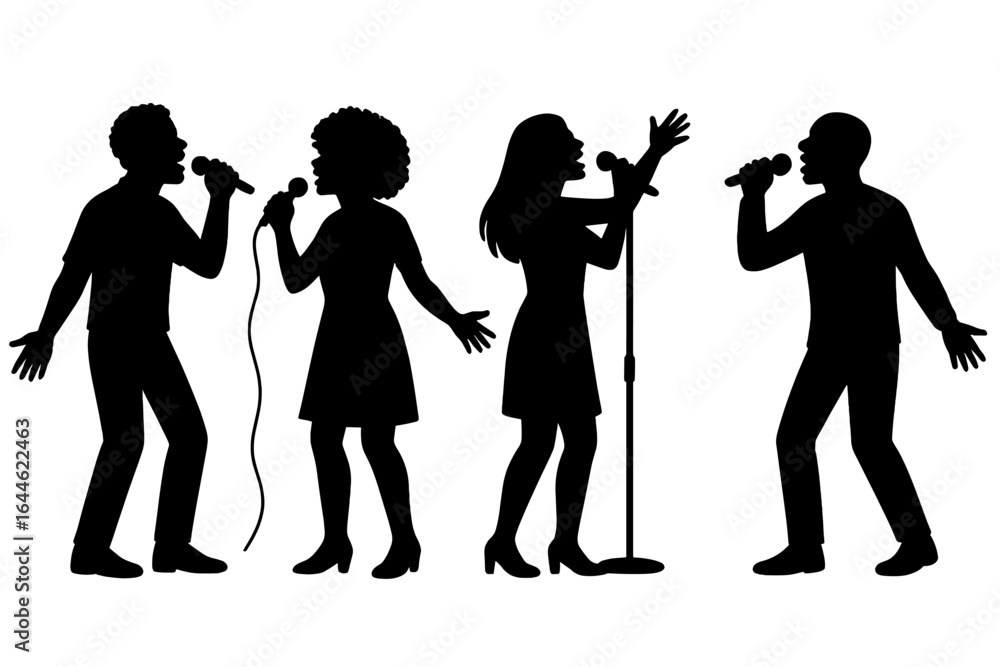 Singing silhouette vector. Diverse people singers group. Musical ...