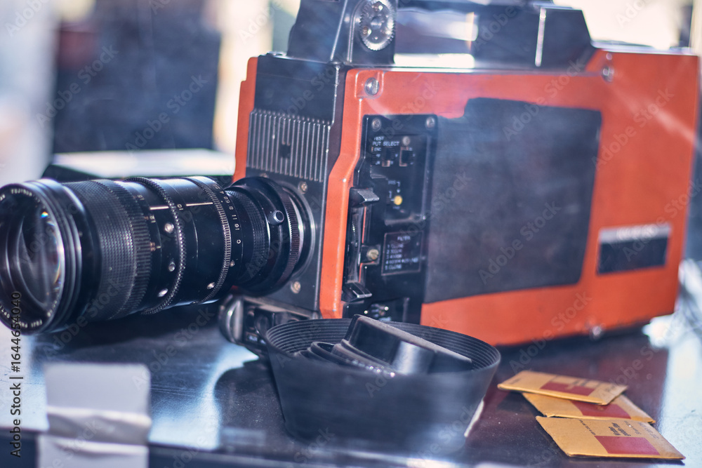 View of old film and television cameras from the 1970s and 1980s. Stock ...