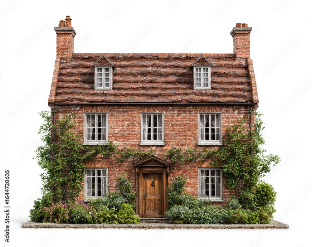 Classic English cottage facade. Brick home with gabled roof, numerous ...