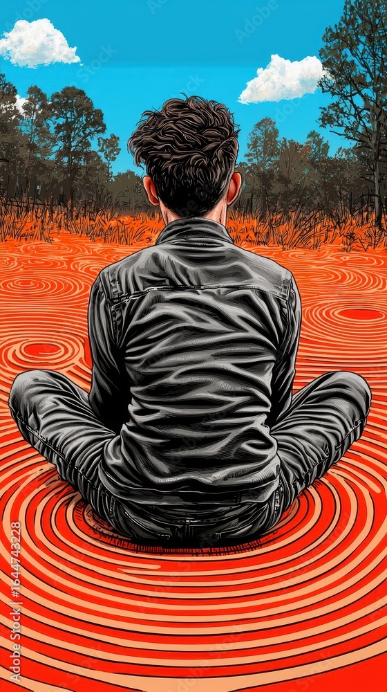 Pixel Art Contemplation Man in Cross Legged Pose on Vibrant Red and ...