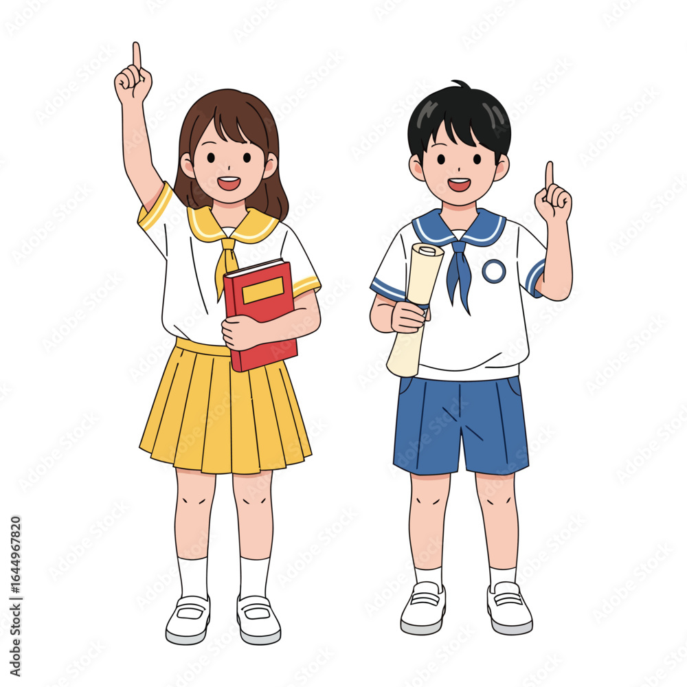 Two happy elementary students, a boy and a girl in school uniforms ...