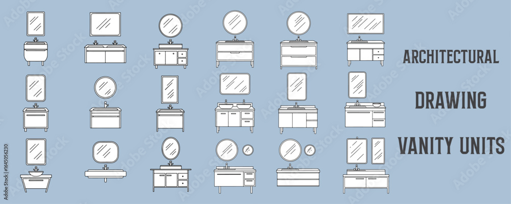 Architectural vector drawings of vanity units with sinks and mirrors in ...